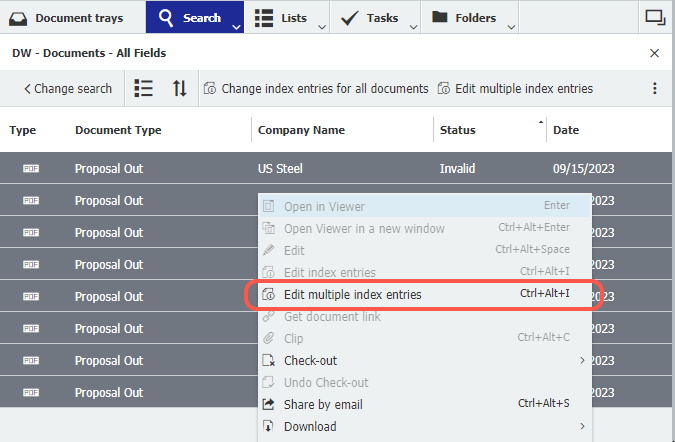 How to change index entries for 100+ documents at once